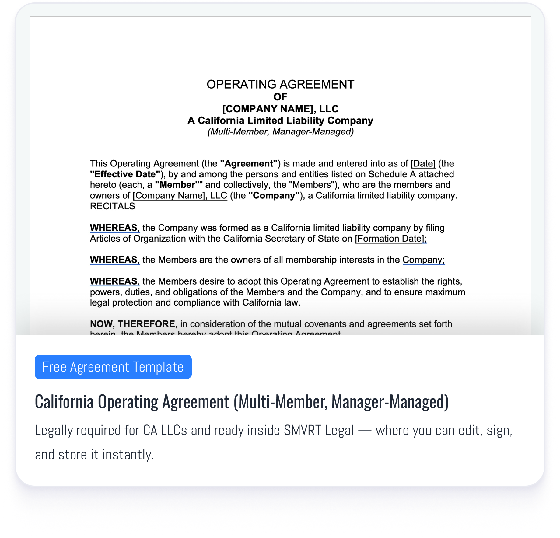California Multi-Member Manager-Managed LLC Agreement Template